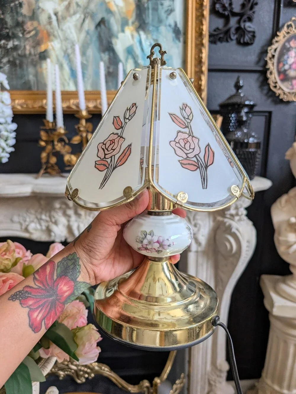 Vintage | Accents | Vintage Gold 6 Glass Panel Pink Floral Design ...